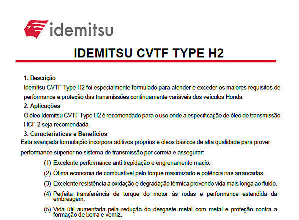 Óleo Transmissão Idemitsu CVTF Type H2 HCF2 1L Específico Honda HCF-2 - Fast Car Brasil ...