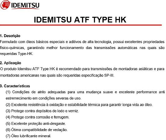 Óleo de Câmbio Automático IDEMITSU ATF TYPE HK SP III Hyundai Kia Mits ...