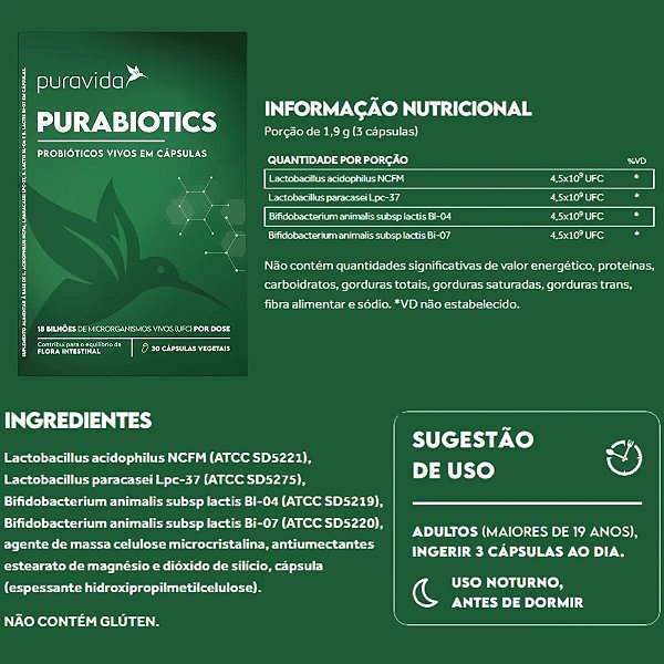 PURABIOTICS Probióticos Vivos em 30 Cápsulas - Puravida - BH Suplementos