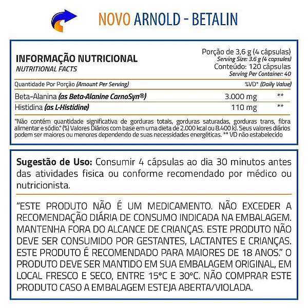 Betalin 3G (Beta-alanina) 120 Cápsulas - Arnold Nutrition - BH Suplementos