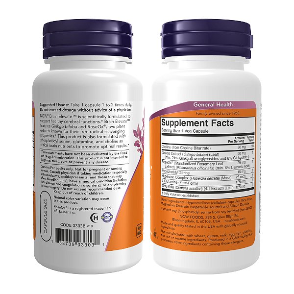 Brain Elevate 60 Veg Cápsulas - Now Foods - BH Suplementos