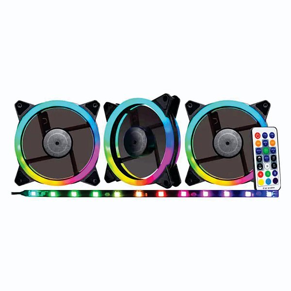 Cooler Fan K-Mex, ARGB Duplo, Kit com 3 Unidades + Fita RGB - Saqueti
