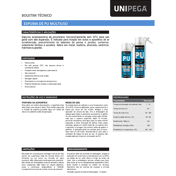 Espuma Expansiva de PU Multiuso 230ml/140g Unipega - Unipegashop