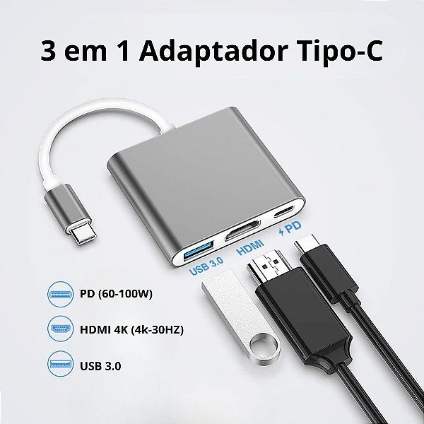 Expanda suas conexões com o Adaptador Multifuncional Tipo C 3 em 1 ...