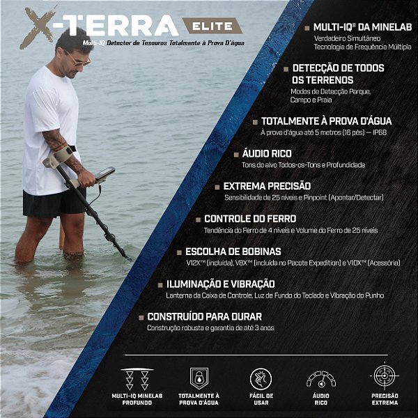 X Terra Elite Detector de Metais Multifrequência Prova d'água Minelab ...