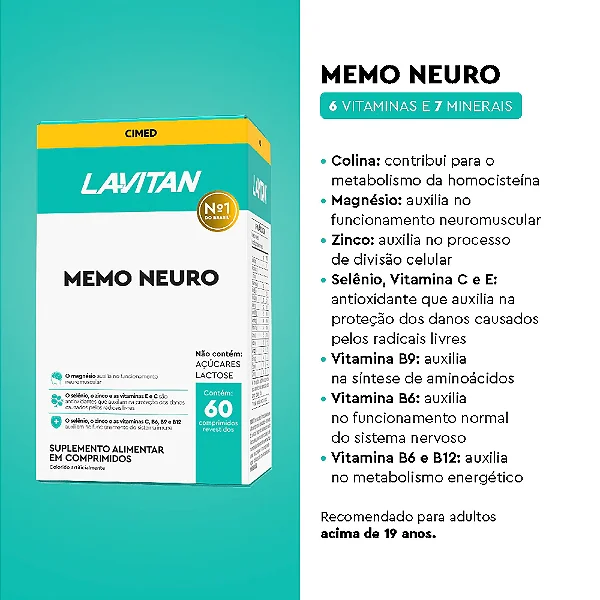 Suplemento Vitamínico Lavitan Memo Neuro 60 Comprimidos Revestidos ...
