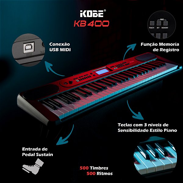 Teclado Musical Kobe KB-400 61 Teclas com Sensibilidade Conexão MIDI - Kobe Music