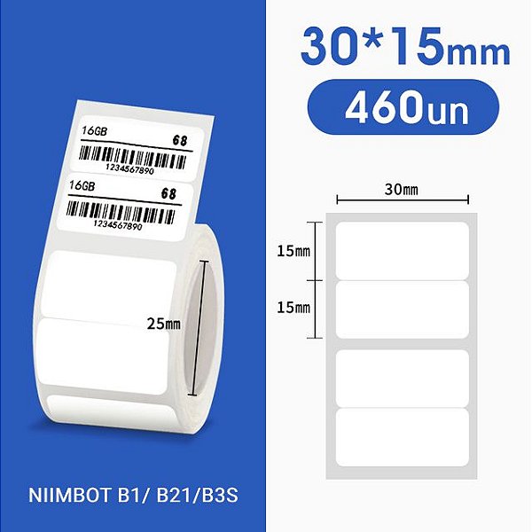 Etiqueta Niimbot 30x15mm Branca (460un) B1/B21/B3S - Niimbot Brasil