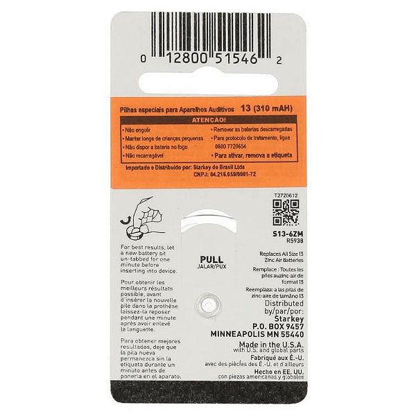 Starkey S13 / PR48 - 10 Cartelas - 60 Baterias para Aparelho Auditivo - SONORAWEB PJ