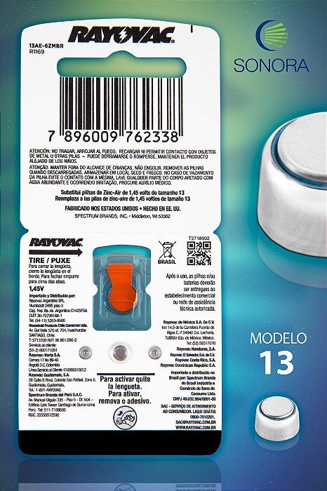 Rayovac 13 / PR48 - 10 Cartelas - 60 Baterias para Aparelho Auditivo - SONORAWEB PJ