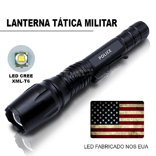 Lanterna Tática LED CREE XML T6 Police Com 2 Baterias 18650 e Carregad ...