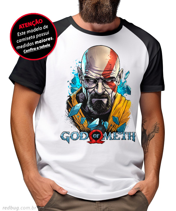 Camiseta raglan God of Meth! Geek e nerd com estilo - RedBug Camisetas
