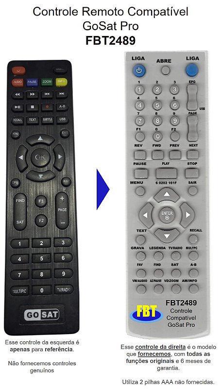 Controle Compatível GOSAT GO SAT PRO FBG8091 FBT2489 - FBT CONTROLE REMOTO