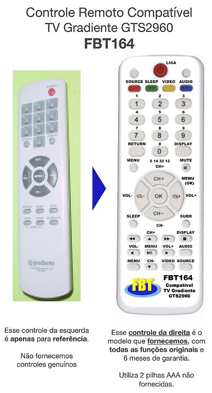Controle Remoto Para Tv Gradiente Ts2960 Fbt164 - FBT CONTROLE REMOTO