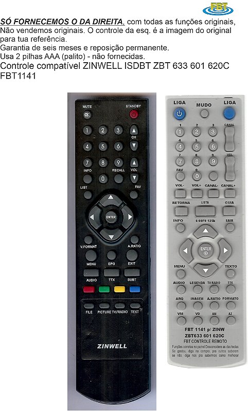 Controle Compat Zinwell Isdb-t Tvdig Zbt633 601 620c Fbt1141 - FBT ...