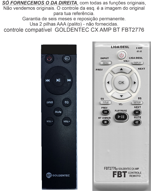 Controle Compatível Com GOLDENTEC CX AMP BT FBT2776 - FBT CONTROLE REMOTO