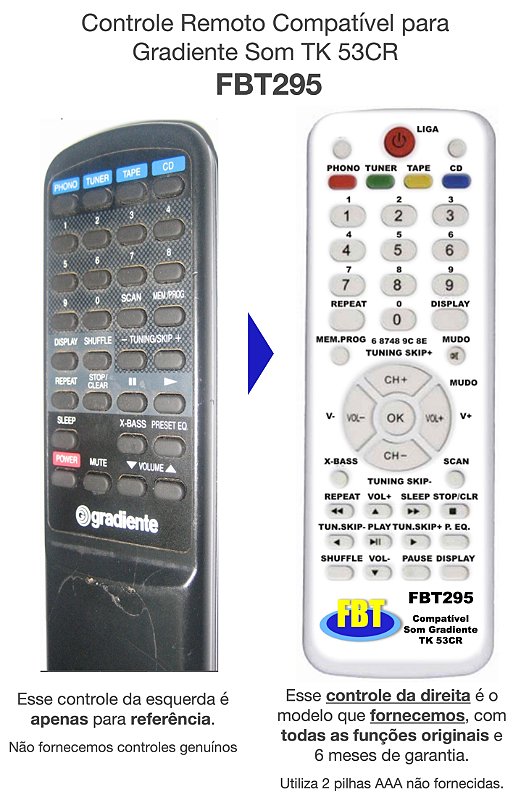 Controle Remoto Compatível para Gradiente Som TK 53CR FBT295 - FBT CONTROLE REMOTO