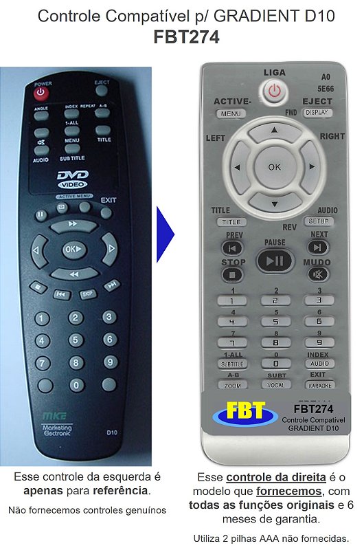 Controle Compatível P/ GRADIENT D10 FBT274 - FBT CONTROLE REMOTO