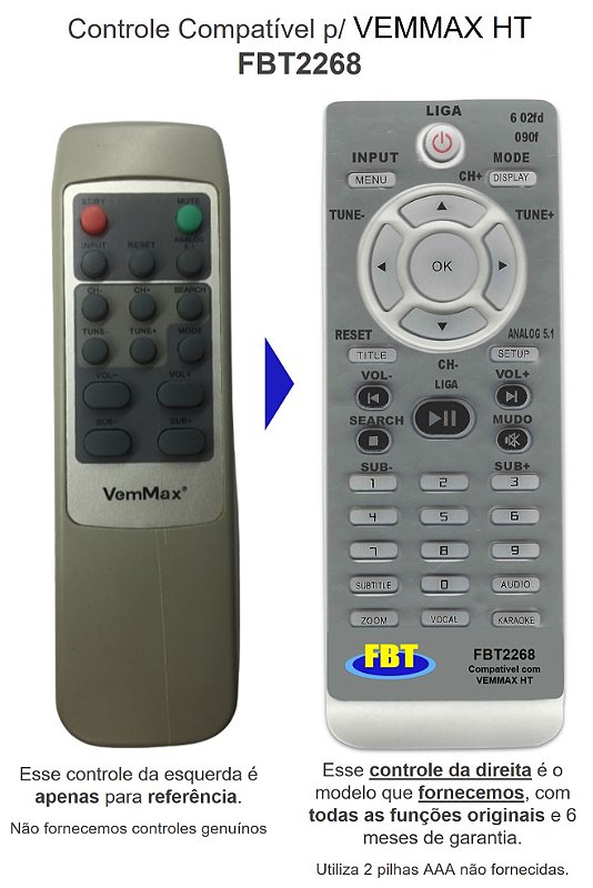 Controle Compatível P/ VENMAX HT FBT2268 - FBT CONTROLE REMOTO
