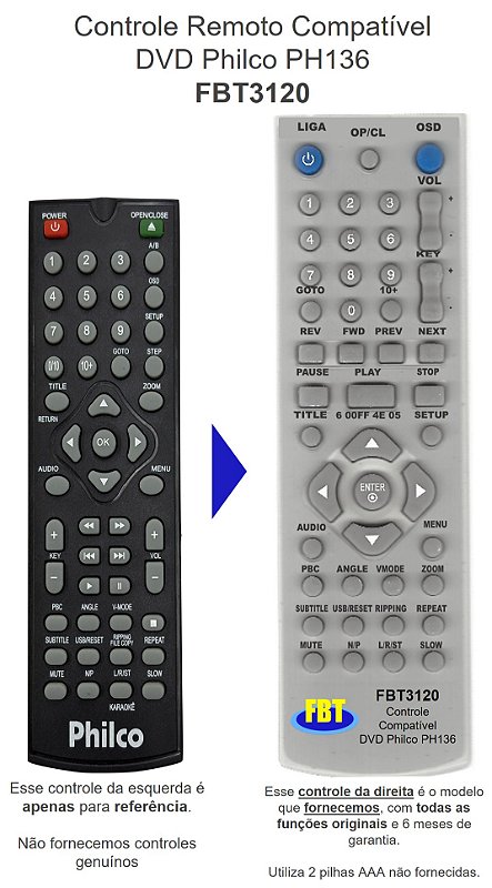Controle Remoto Compatível DVD Philco PH136 FBT3120 - FBT CONTROLE REMOTO