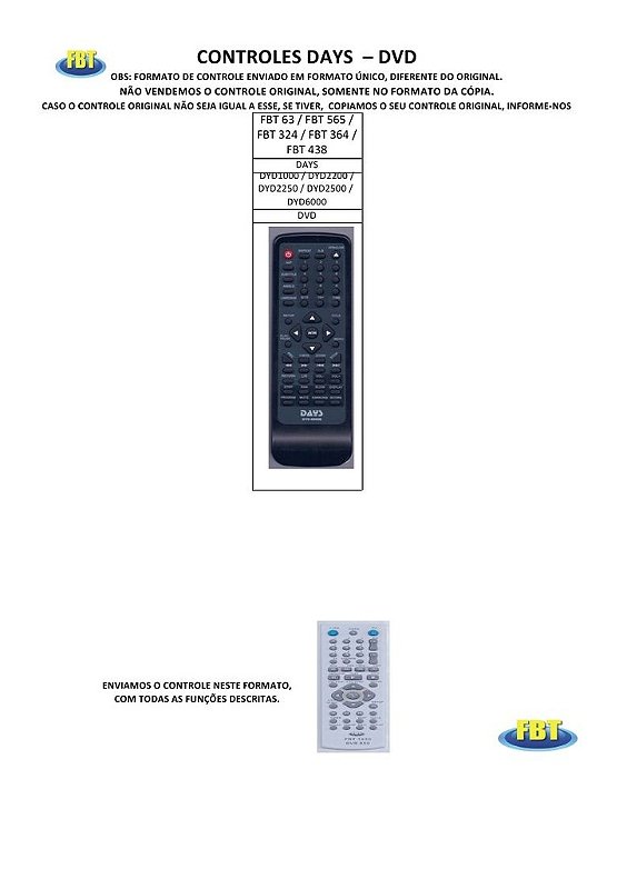 Controle Remoto Dvd Daewoo Days Daytek Digistar DigitalBras Digix - FBT ...