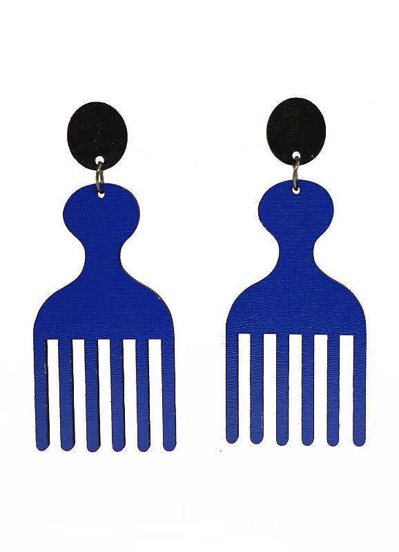 Brincos MDF Pente Garfo - Cor Azul Royal - MUNDO AFRO PERFECTA