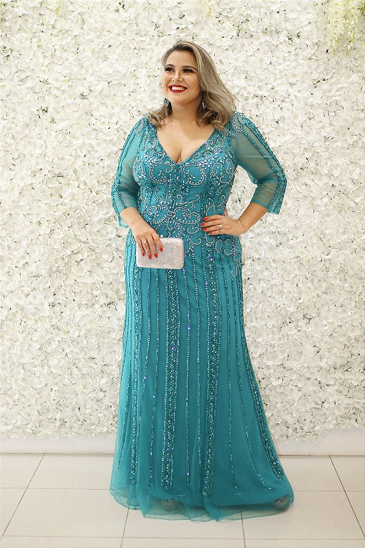 BAZAR - VESTIDO VERDE TURQUESA TODO BORDADO COM MANGA EM TULE - Closet ...