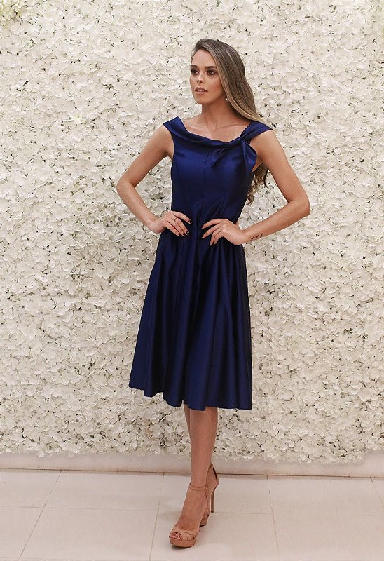 VESTIDO MIDI AZUL MARINHO LAÇO NAS ALÇAS - Closet das 2 SHOP