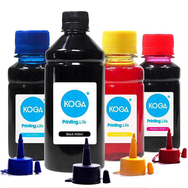 Kit 4 Tintas para Epson L375 Black 500ml Color 100ml Corante Koga ...