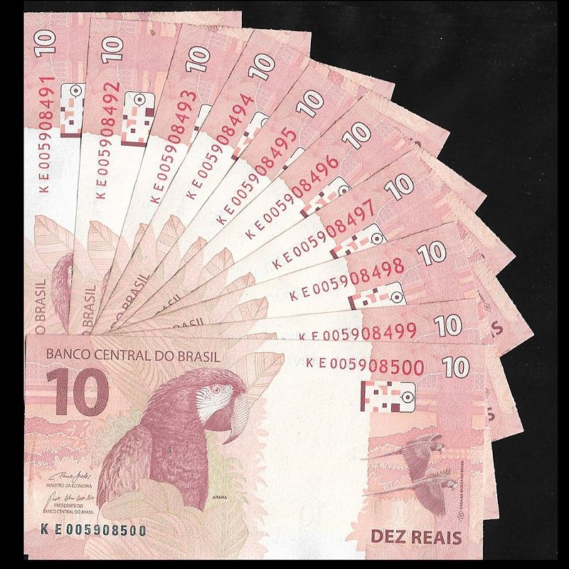 Set 10 Cédulas 10 Reais 2010 FE Arara Serie KE005908491 a 500 ...