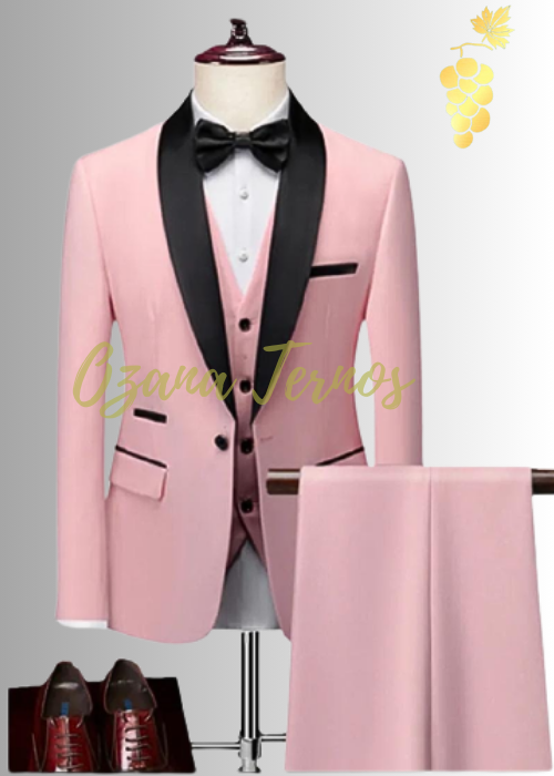 Terno noivo smoking gola summer Rosa claro com Preto - Ozana ternos