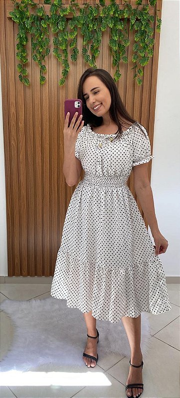 Vestido poá com preto e branco e lastex na cintura - Bela Princesa Modas