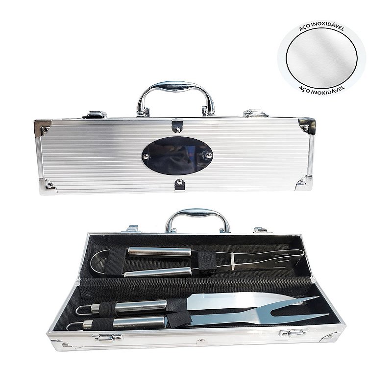 Kit Churrasco Inox 3 pecas e Maleta de Alumínio - Shop Macrozao