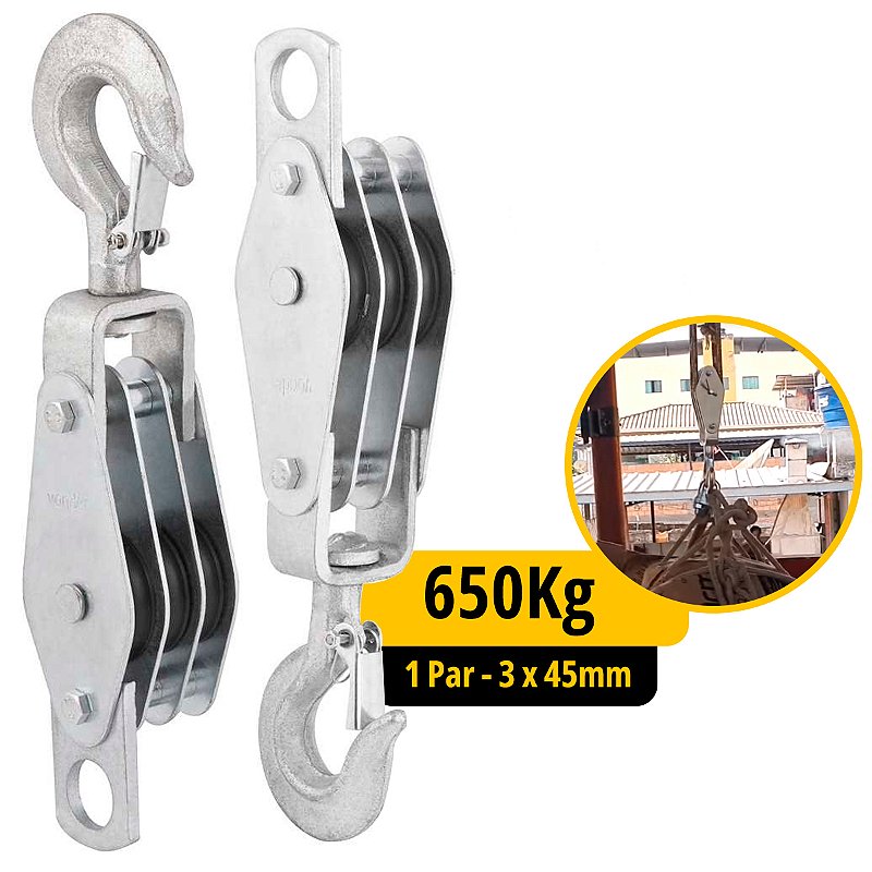 Moitão Cadernal Elevação De Carga 3 Roldanas 45mm 650kg - Emove Shop