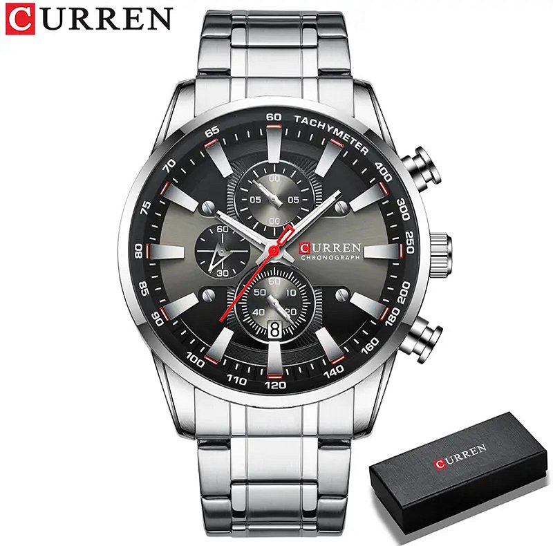 Relógio Curren 8351 Prata com preto - Relógios Curren