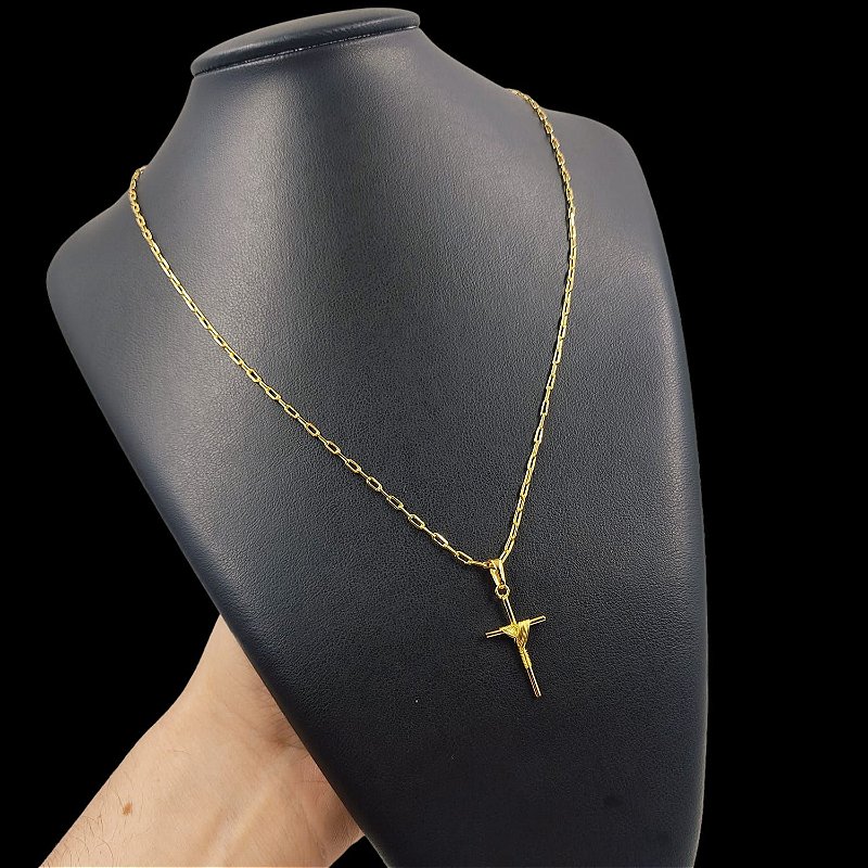 Cordão Cadeado Alongado Banhado A Ouro 18k Pingente Cruz Amarrada
