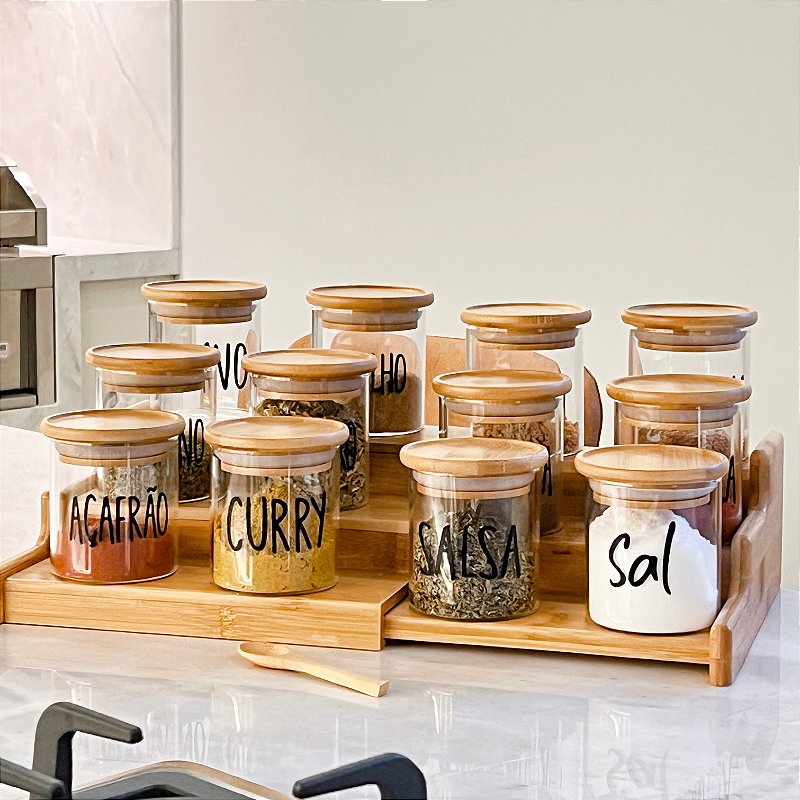 KIT TEMPEROS HERMÉTICO COM RACK E TAMPA DE BAMBU 9 POTES - A loja ...