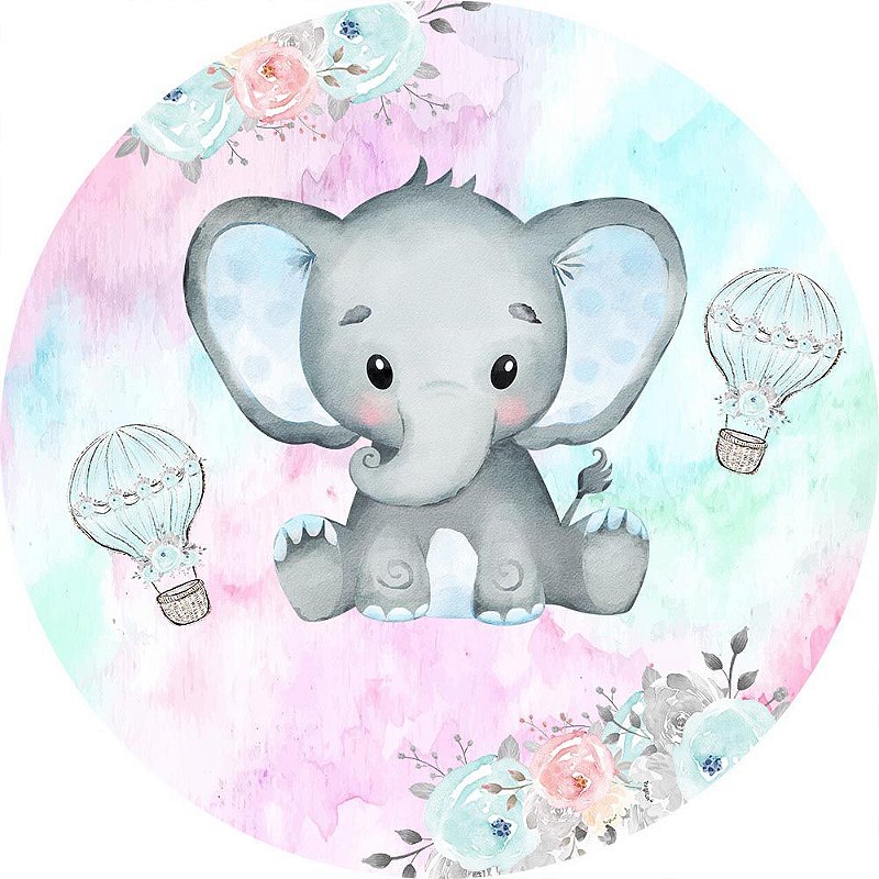 Painel de Festa Redondo em Tecido Sublimado Elefantinho Balões Aquarela ...
