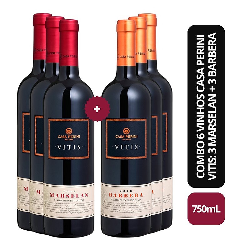 Combo 6 Vinhos Casa Perini Vitis - 3 Marselan + 3 Barbera 750ml - Bebida In Box
