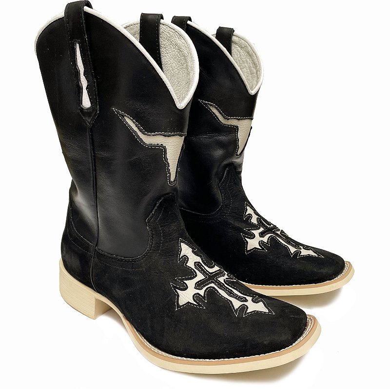 em couro Bota Texana Cruz Boi Preto Sola Marfim Bico Quadrado - Bruto Botas