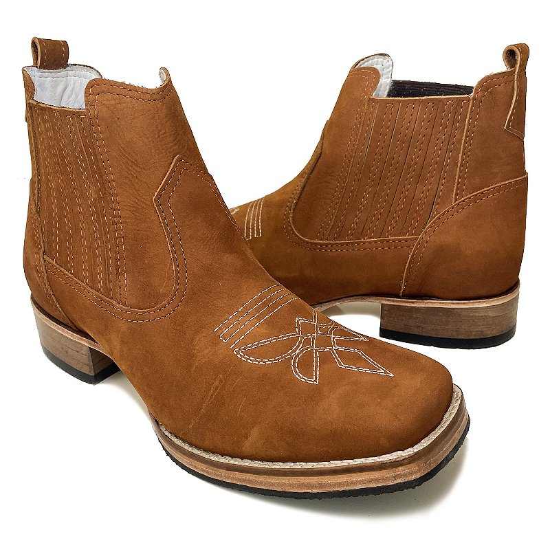 Botina Texana Touro Sentado Came Sola de Couro Bico Quadrado - Bruto Botas