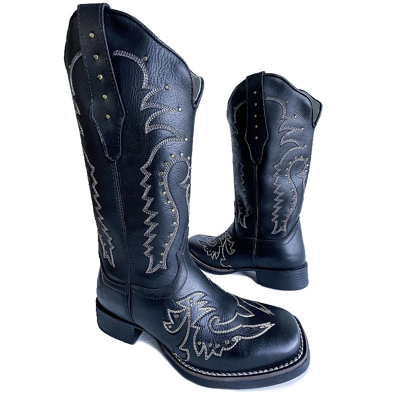 Bota Texana Feminina Touro Sentado Choup Black Bico Quadrado em couro ...