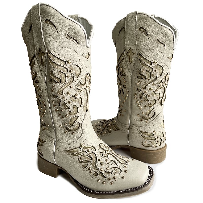 Bota Texana Feminina Laser Cruz Creme Glitter Ouro Bico Quadrado ...