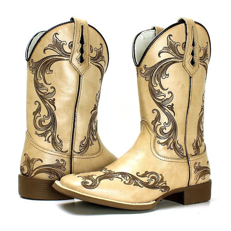 em Couro Bota Texana Feminina Laser Creme Sola Marrom Bico Quadrado ...