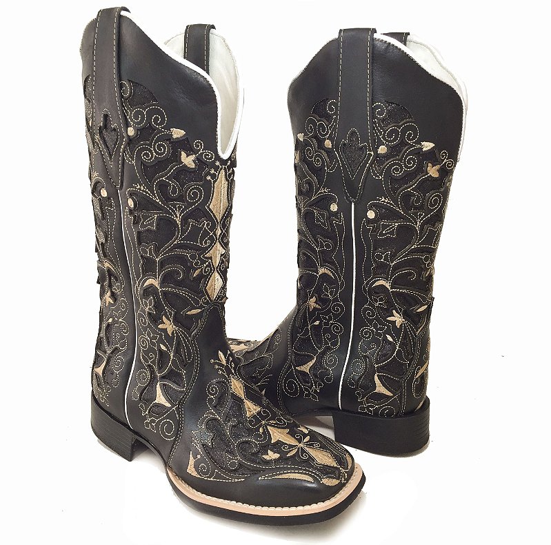 em Couro Bota Texana Feminina Total Laser Preta Bege Sola Preta Bico Q ...