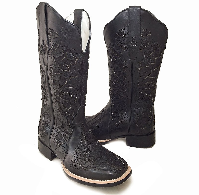 em Couro Bota Texana Feminina Total Laser Black Sola Preta Bico Quadra ...