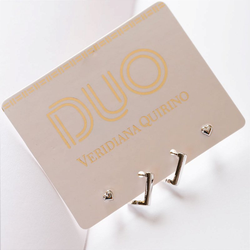 Duo de Brincos: Argolas Retangulares e Corações Banho de Ródio Branco ...