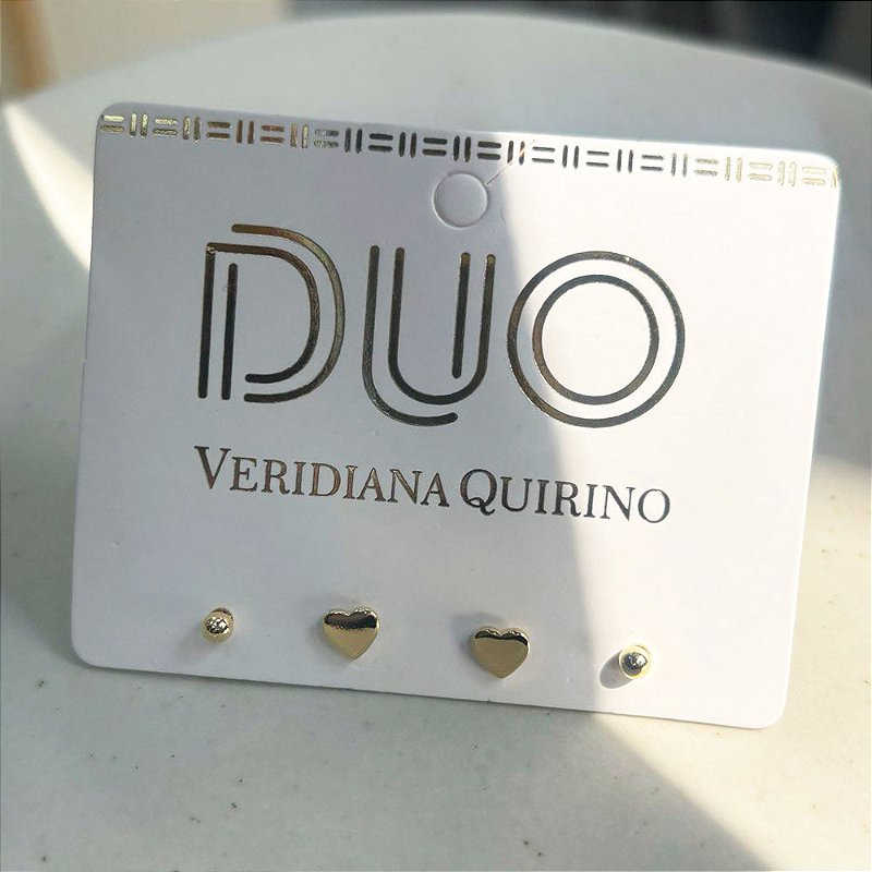 Duo Brinco Corações e Mini Esferas Banho de Ouro 18k - Loja - Veri