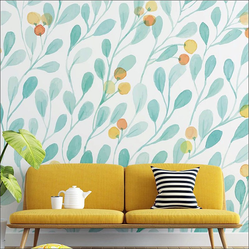 Papel de Parede Folhas em Aquarela Azul e Amarelo | AloPapers.com.br ...