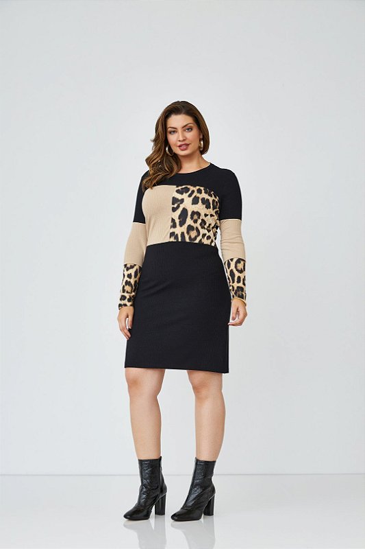 Vestido Preto Com Recortes Animal Print E Bege Realist Plus - Dellilu ...